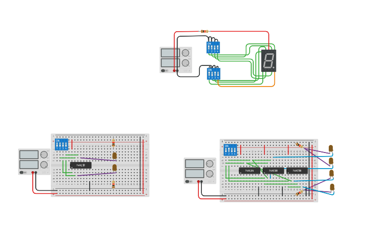 Circuit design 7 segment display;4:2 encoder;2:4 decoder - Tinkercad