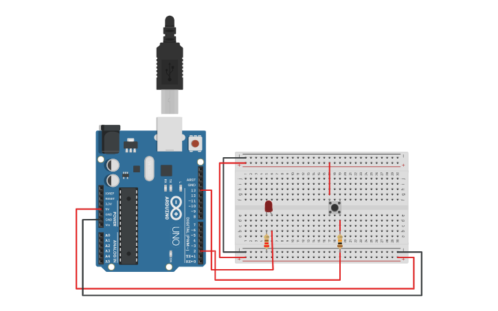 Circuit design Blinking an LED using pushbutton - Tinkercad