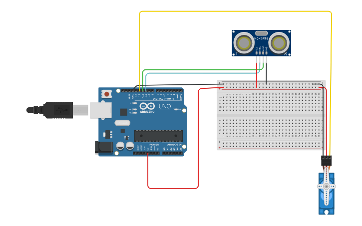 Circuit design circuito radar con servimotor | Tinkercad