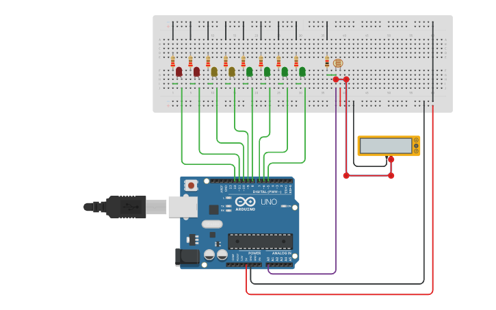 Circuit design Vúmetro en función de la intensidad de luz - Tinkercad