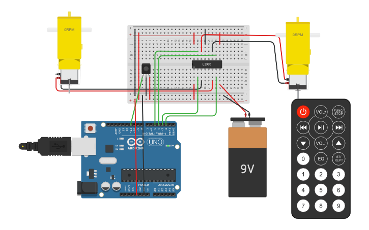 Circuit design Copy of Remote Controlled 2 DC Motors - Tinkercad