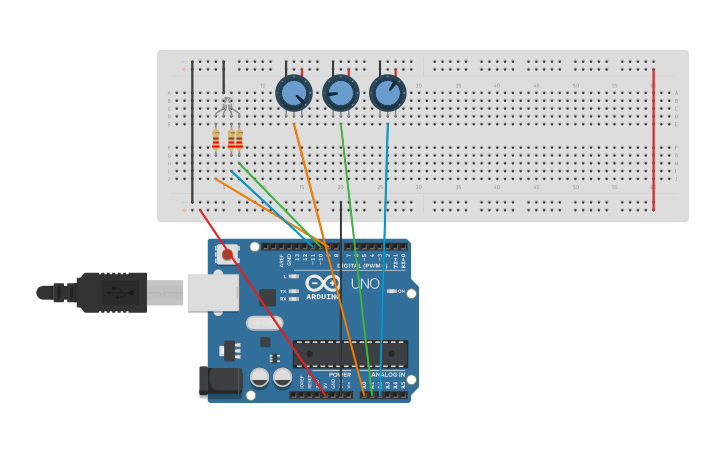 Circuit design Arduino RGB (entrada analogica 10 bits, salida PWM 8 bits) | Tinkercad