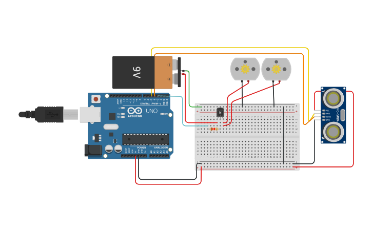 Circuit design PRACTICA 3, Funcionamiento de 2 motores con sensor de distancia - Tinkercad