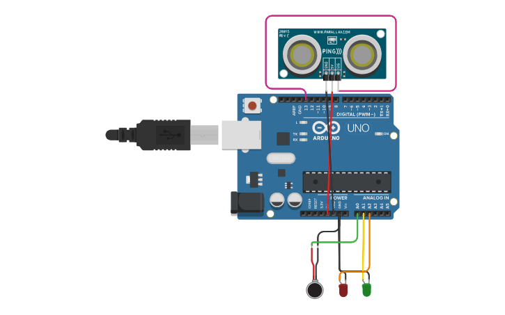 Circuit design Sensor de distancia | Tinkercad