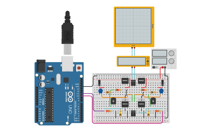 Circuit design H-Bridge using 4 n-channel mosfets - Tinkercad
