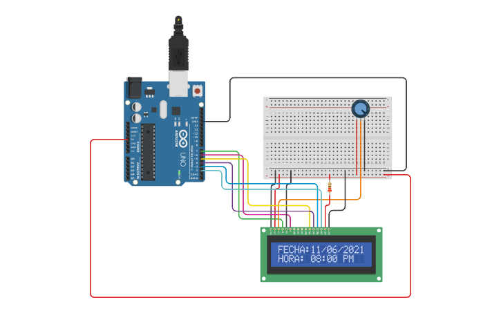Circuit design Reloj indicador de fecha y hora con pantalla lcd - Tinkercad