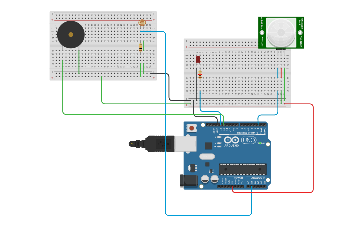 Circuit design PIR with Piezo | Tinkercad