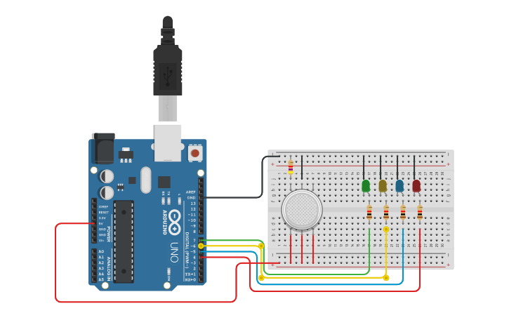 Circuit design GAS DETECTION SYSTEM USING AURDINO - Tinkercad