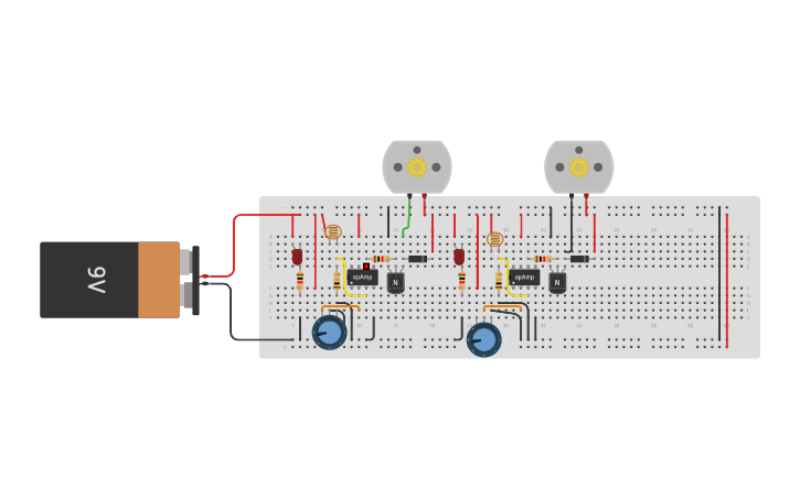 Circuit design L26 Line follower Robot with Opamp - Tinkercad
