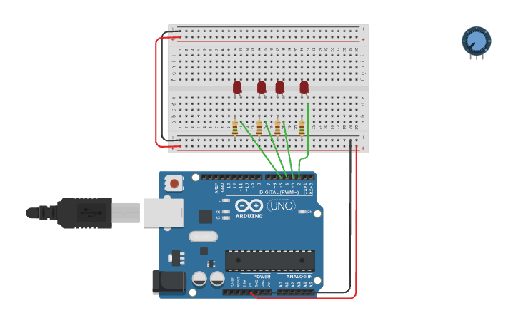 Circuit design Arduino binary counter - Tinkercad