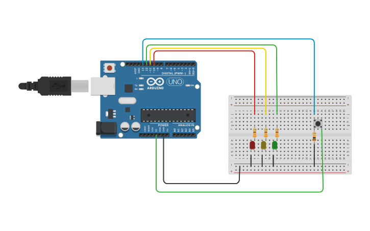 Circuit design Semáforo 5 - 3 luces con pulsador (ámbar intermitente ...