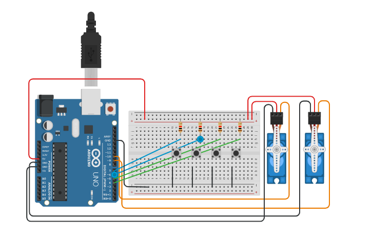 Circuit design 2 servos con pulsadores | Tinkercad