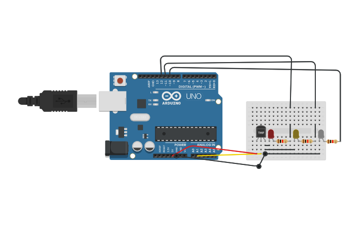 Circuit design Practica 3 encender leds con sensor de temperatura - Tinkercad