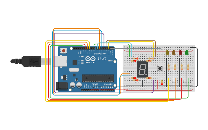 Circuit design Display de 7 segmentos con boton - Tinkercad