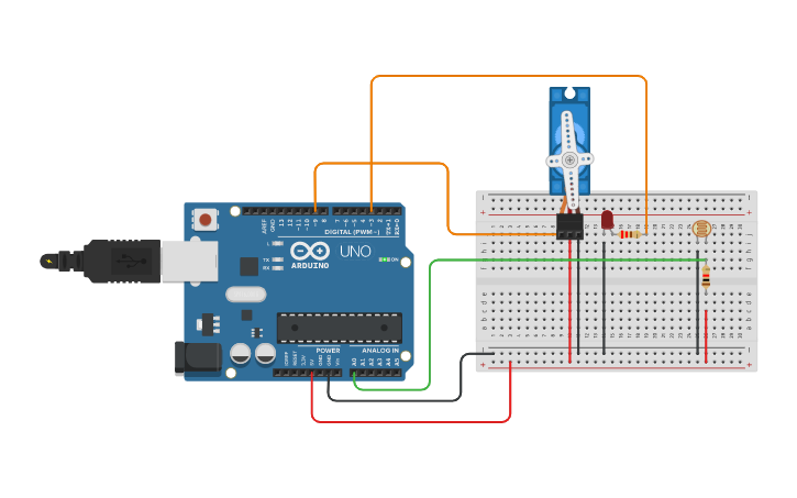 Circuit design 舵机and灯and光敏 - Tinkercad