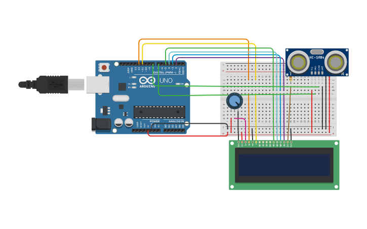 Circuit design ultrasonic distance LCD - Tinkercad