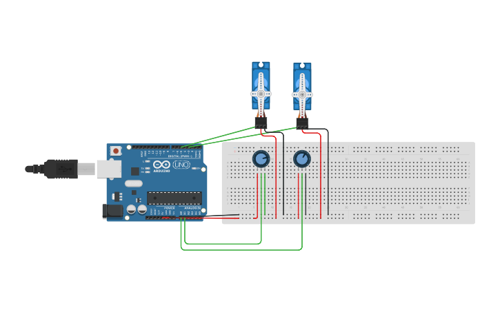 Circuit design Joystick-controlled robotic hand game | Tinkercad