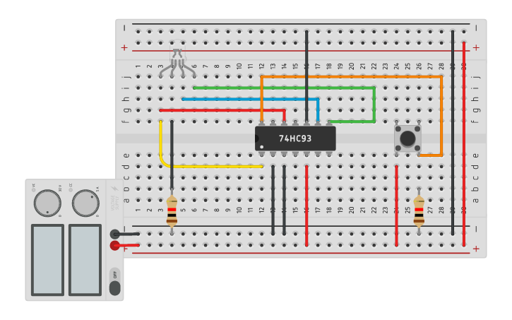 Circuit design Blink LED using 74HC93 IC | Tinkercad