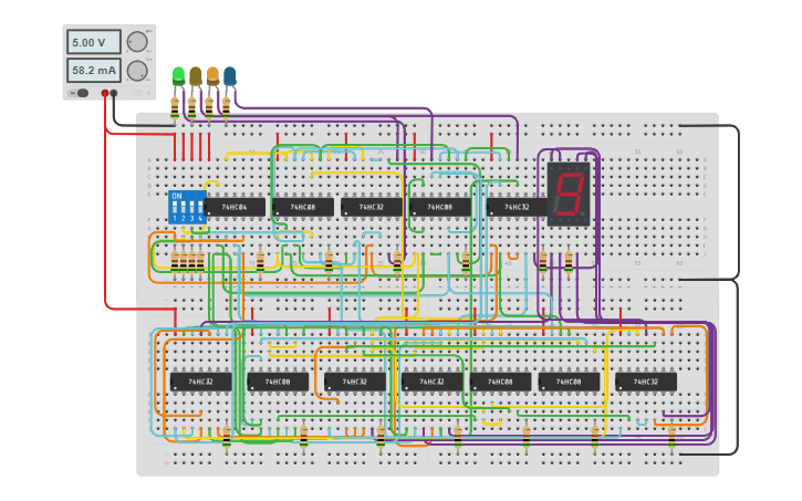Circuit design BCD → Ex3 + Display 7 segmentos - Tinkercad
