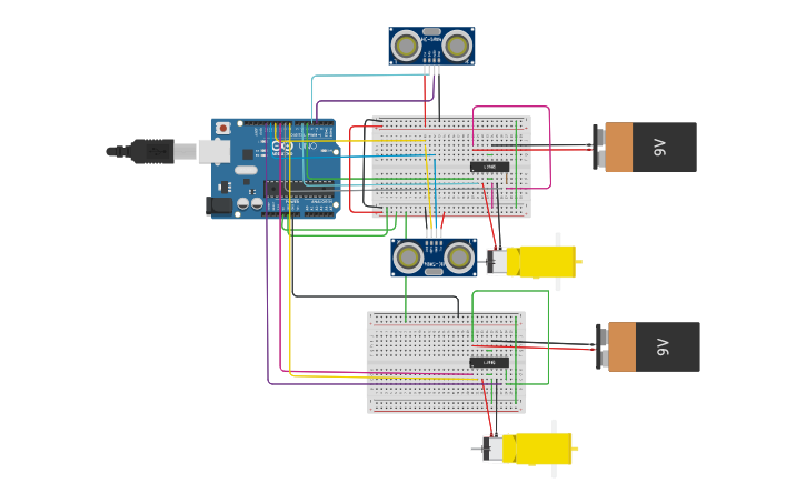 Circuit design activar motor por sensor ultrasonico - Tinkercad