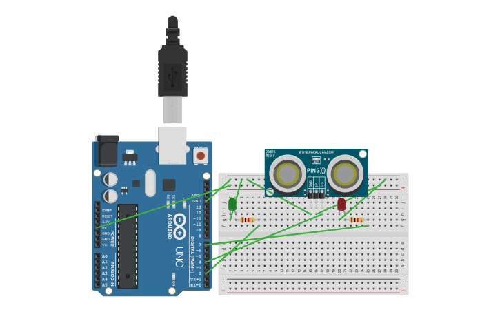 Circuit design sensor ultra sonido - Tinkercad