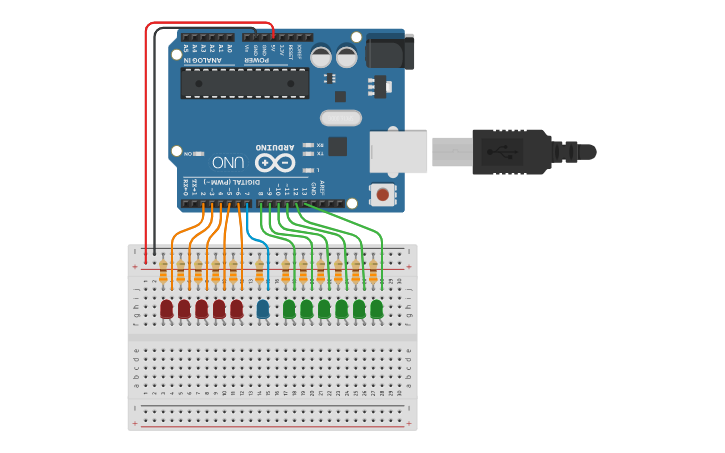 Circuit design orologio binario start - Tinkercad