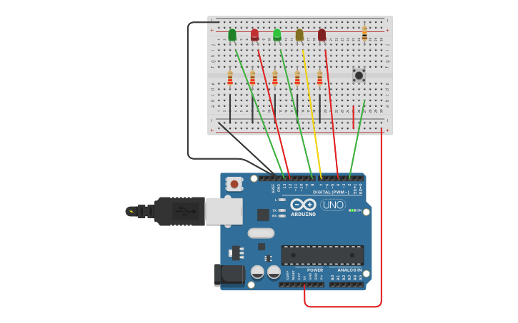 Circuit design Semáforo con pulsador Arduino - Tinkercad Circuit design Semáforo con pulsador Arduino - Tinkercad