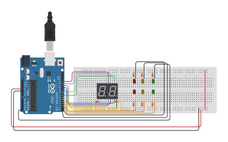 Circuit design semáforo doble contador - Tinkercad