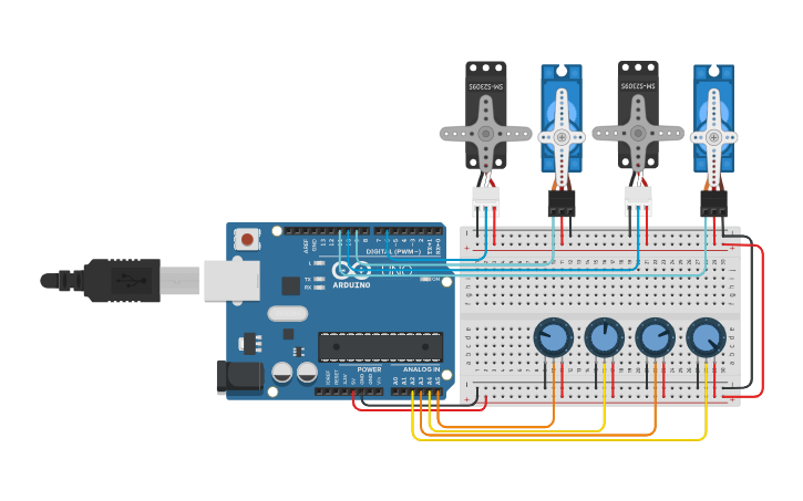 Circuit Design Robotic Hand Servo Movement Tinkercad