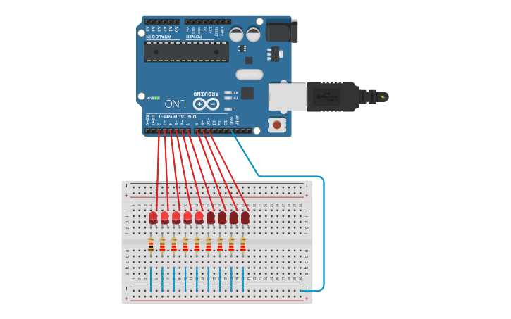 Circuit design TRABAJO EN CLASES LUCES LED 2 | Tinkercad