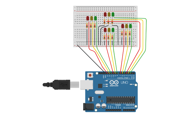 Circuit design 12 traffic light led - Tinkercad