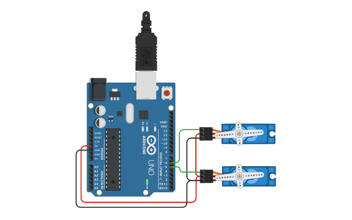 Circuit design Pratica12 Controle de dois servomotor simultaneo - Tinkercad Circuit design Pratica12 Controle de dois servomotor simultaneo - Tinkercad