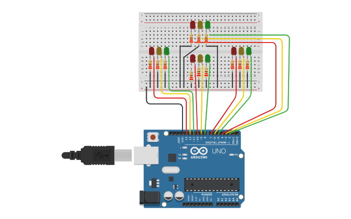 Circuit design 4-lane traffic signal operation - Tinkercad