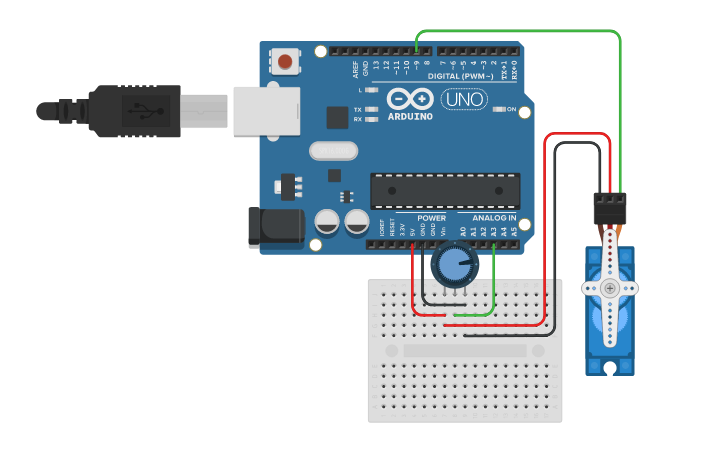 Circuit design Servo controlled by potentiometer | Tinkercad