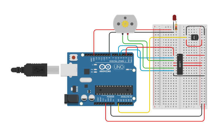 Circuit design Lampu Sensor Pendeteksi Suhu dengan DC motor - Tinkercad
