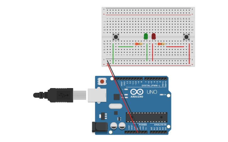 Circuit design Dos leds con interruptores - Tinkercad