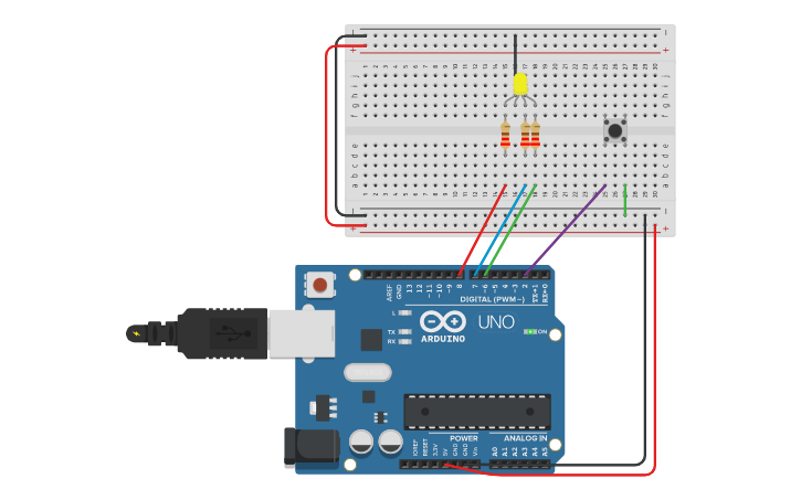 Circuit design RGB Traffic Light with Button and Timer - Tinkercad