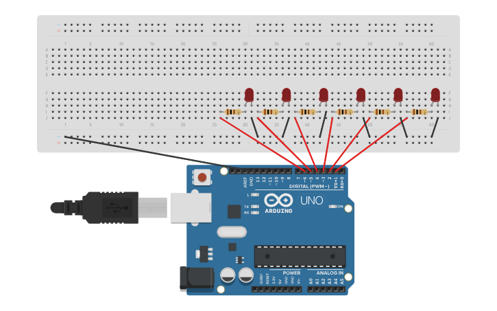Circuit design Encender 6 Leds 3 a 1 y 4 a 6 - Gustavo Cortés - Tinkercad