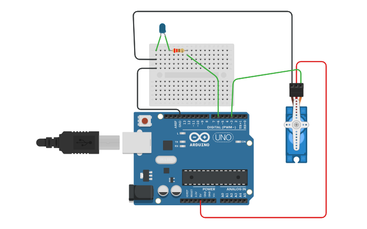 Circuit design Arduino Uno DIm, LED and Servo sweep - Tinkercad