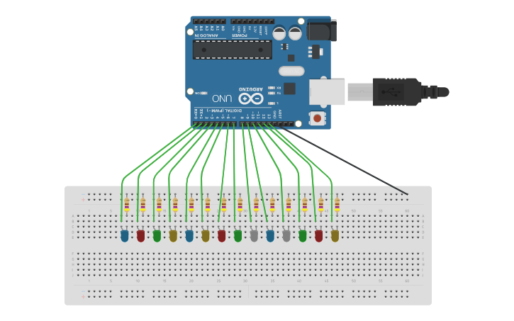 Circuit Design 14 Leds Sequenciais Tinkercad