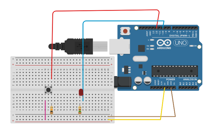 Circuit design LED is On or OFF if Button Pressed - Tinkercad