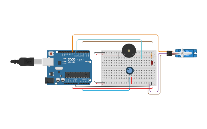Circuit design Servomotor, Led, Buzzer controlado por Arduino - Tinkercad