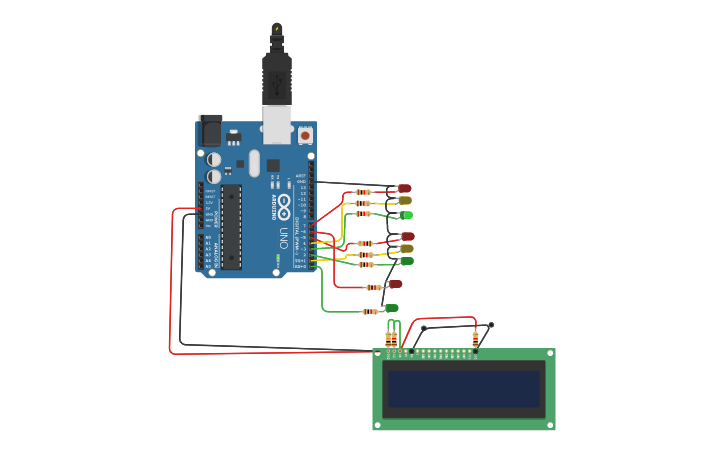 Circuit design SEMAFORO SEM PEDESTRES COM LCD 16X2 | Tinkercad