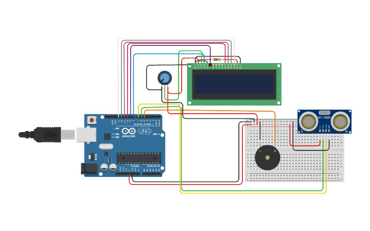 Circuit design Rangkaian Sensor Parkir - Tinkercad Circuit design Rangkaian Sensor Parkir - Tinkercad