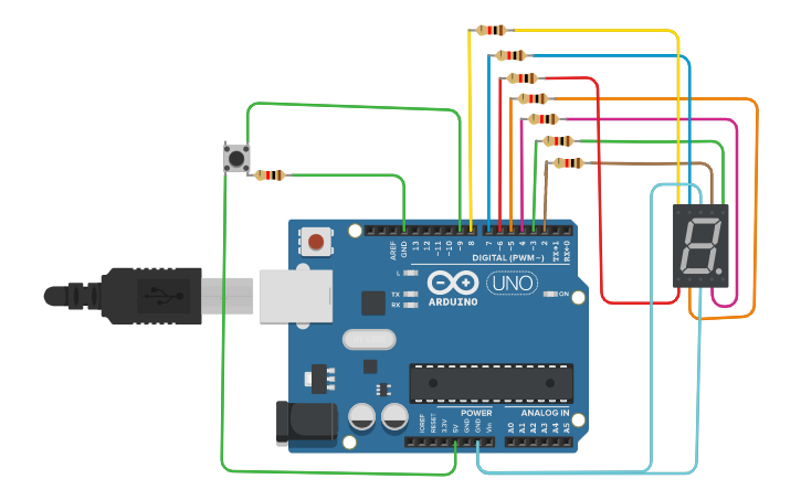 Circuit design 7 segment display with arduino &push button - Tinkercad