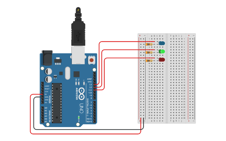 Circuit design L2B Blinking 3 Lights in Sequence - Tinkercad