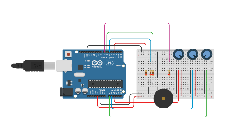 Circuit design 3 potentiometers RGB led | Tinkercad