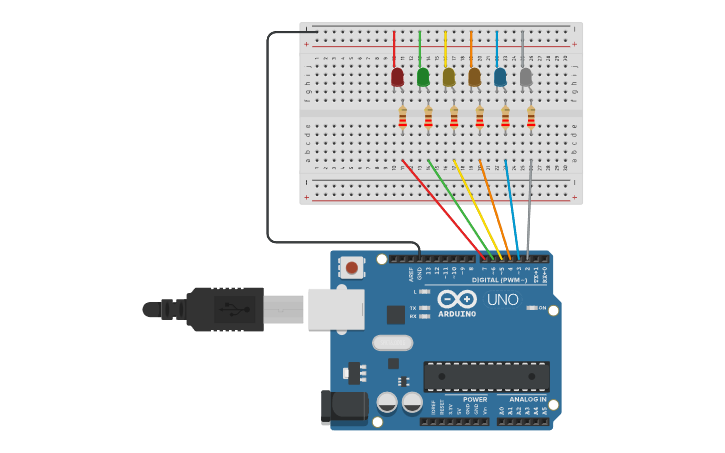 Circuit design arduino 6 leds - Tinkercad