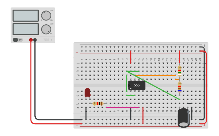 Circuit design 555 astável acendendo led por 5 sec e apagando por 2 sec | Tinkercad