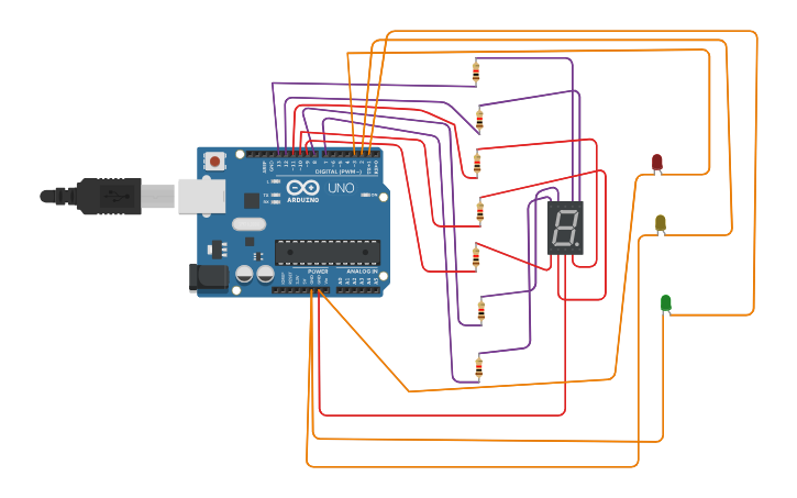 Circuit design Traffic Light with ( 3 Leds and 7- segment ) - Tinkercad